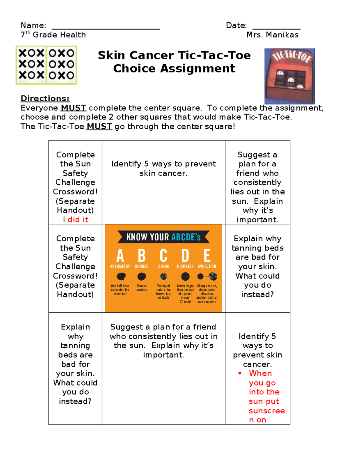 Skin Cancer Tic Tac Toe - Health - Name ...