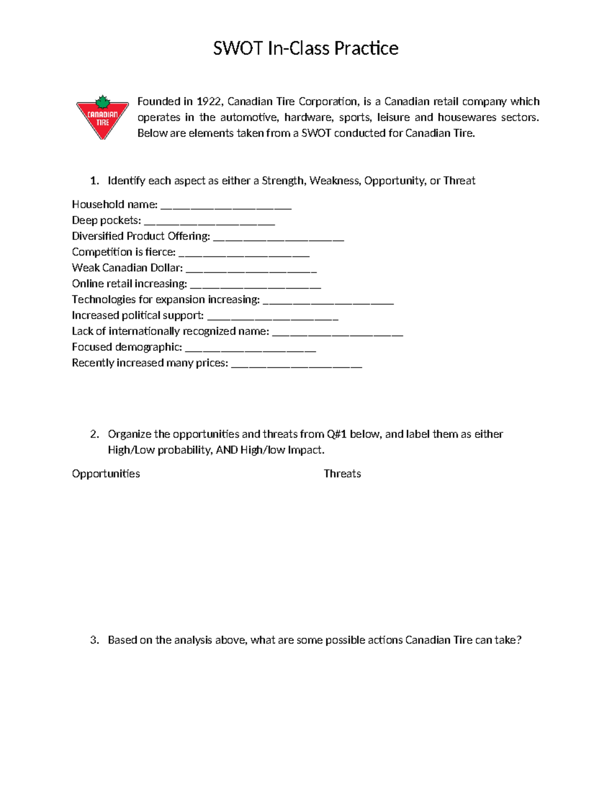 SWOT-Canadian Tire - Canadian tire swot analysis notes - SWOT In-Class ...