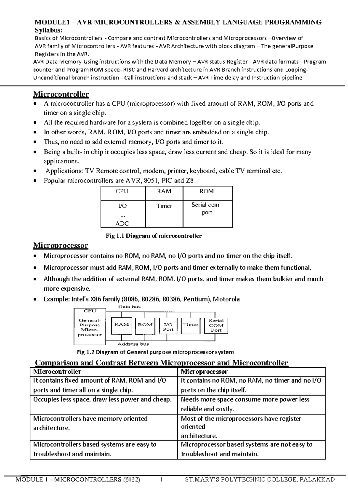 MC M1 - MODULE1 – AVR MICROCONTROLLERS & ASSEMBLY LANGUAGE PROGRAMMING Syllabus: Basics of - Studocu
