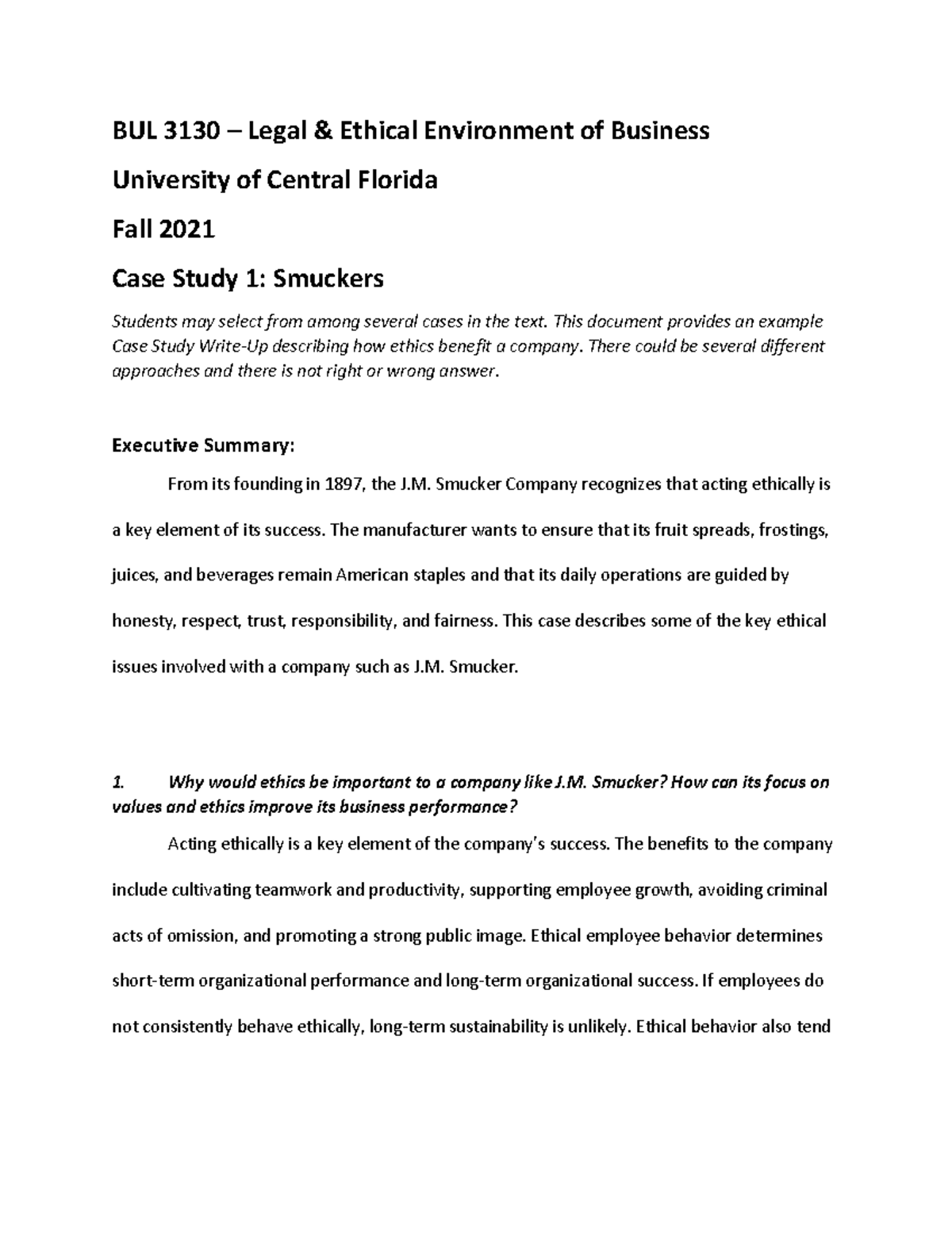 BUL3130 Case Study 1 - BUL 3130 – Legal & Ethical Environment of ...