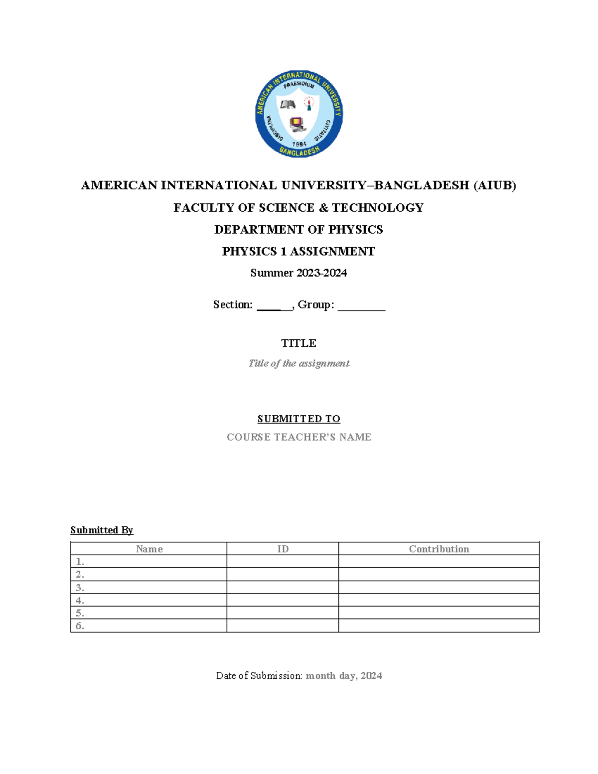 Cover page Assignment physics 1 - AMERICAN INTERNATIONAL UNIVERSITY ...