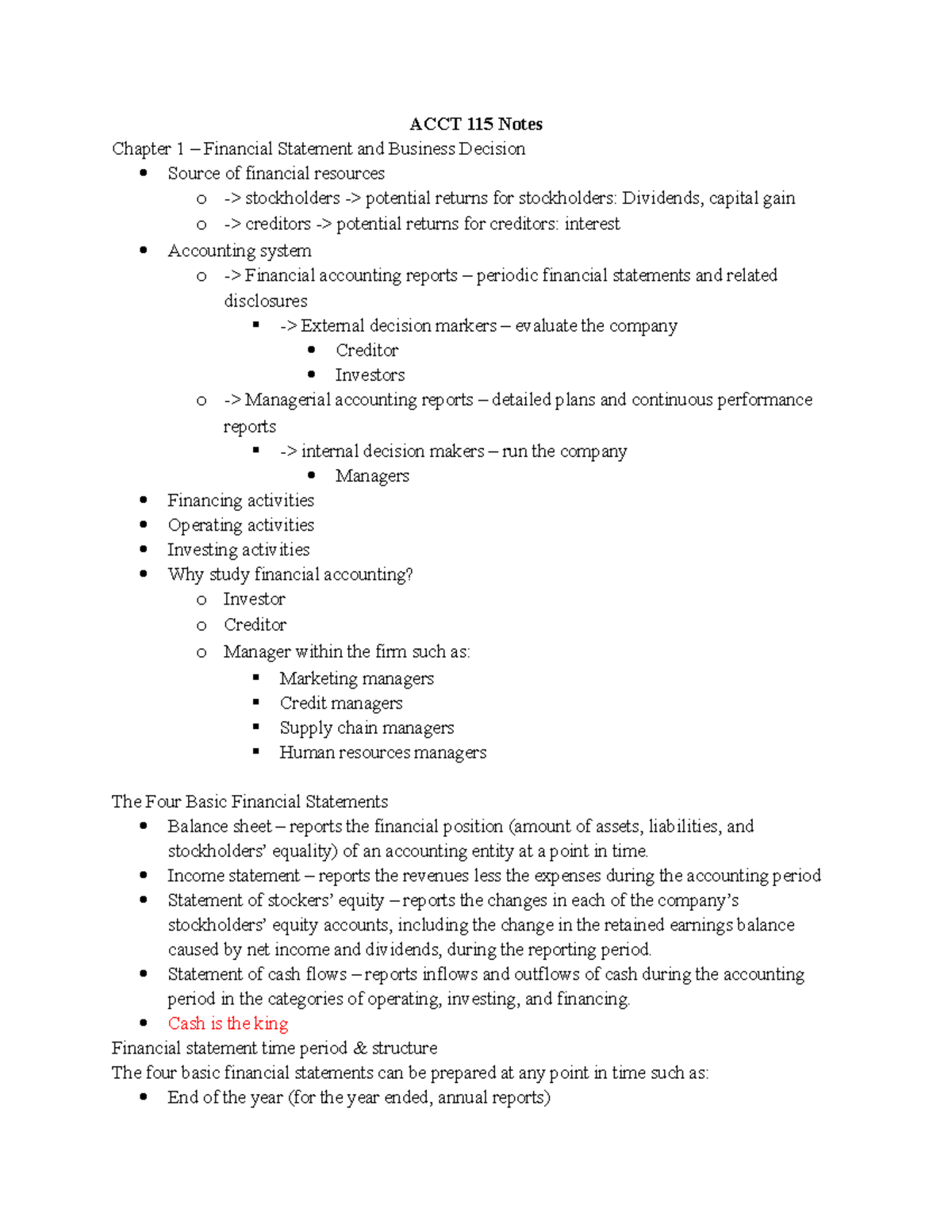 ACCT 115 Notes - ACCT 115 Notes Chapter 1 – Financial Statement and ...