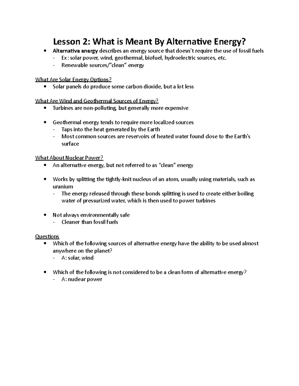 Lesson 2 What is Meant By Alternative Energy - Renewable sources/”clean ...