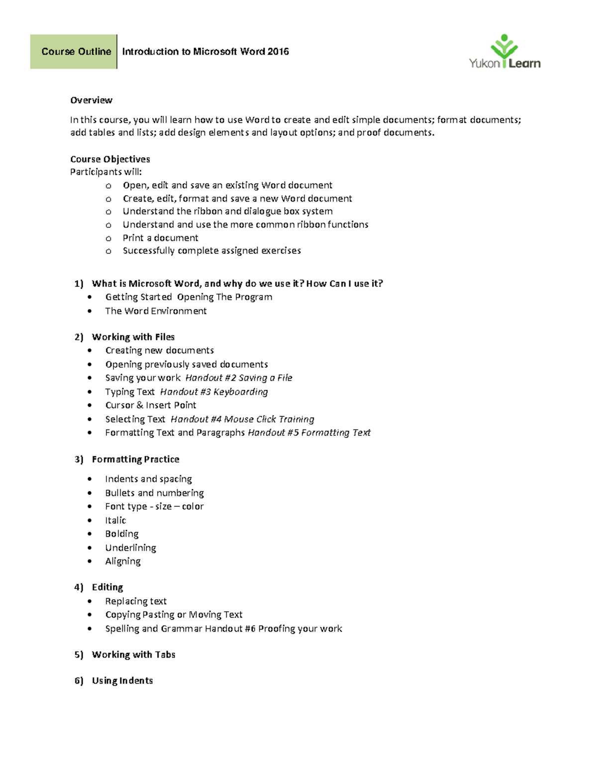 Introduction to Micosoft Word Course outline - Introduction to ...