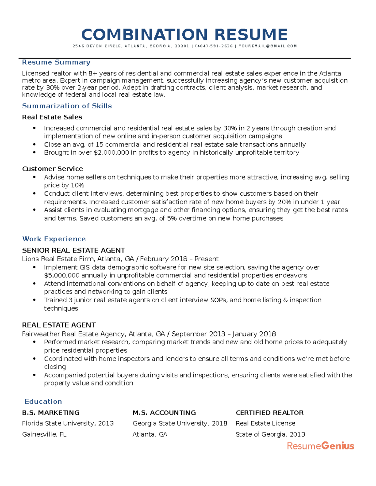Combination Resume Example Realtor - COMBINATION RESUME 2 5 4 6 D E V O ...