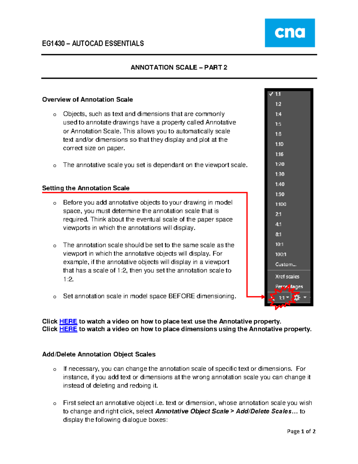EG1430 Annotative Notes Part 2 - Page 1 of 2 EG1430 – AUTOCAD ...