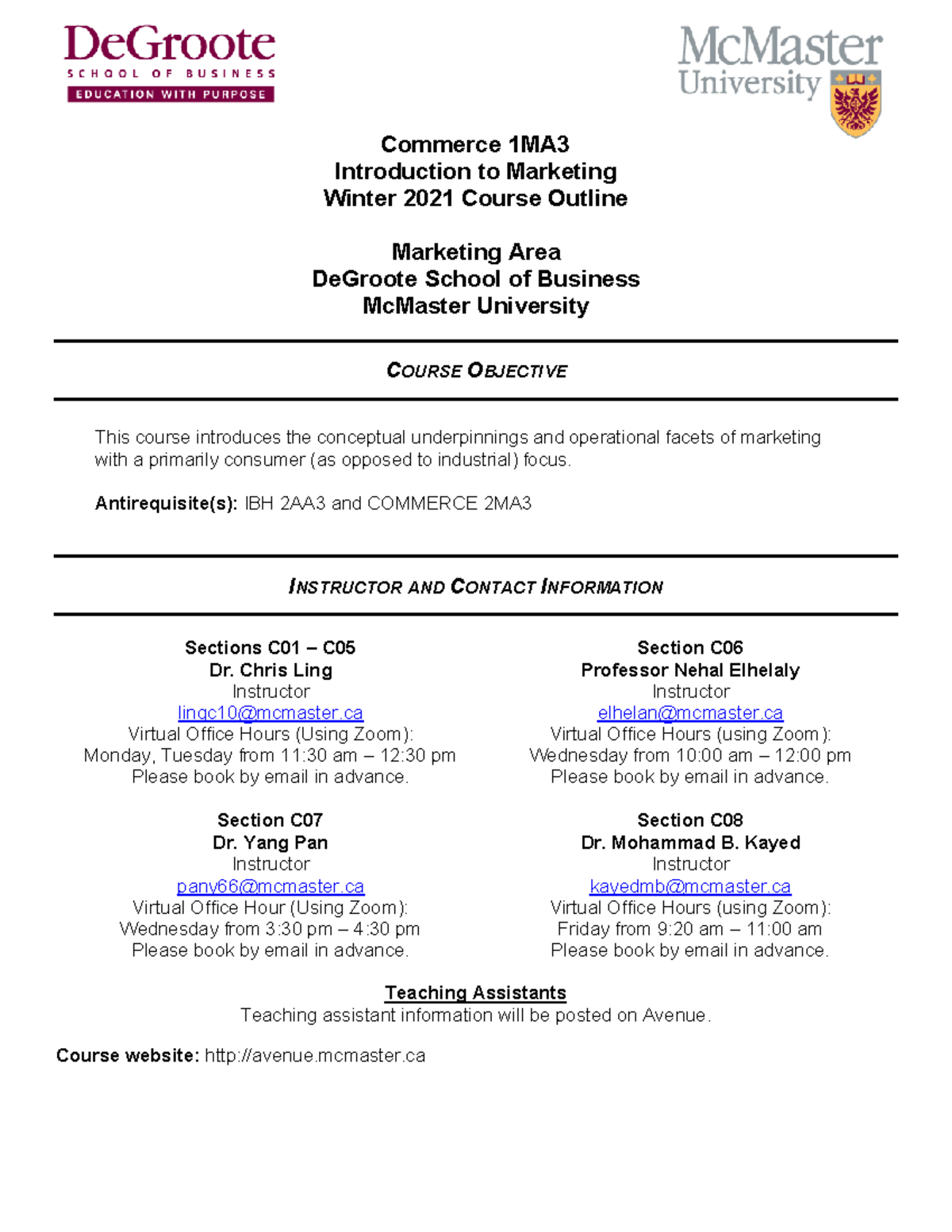 Commerce 1MA3 Introduction to Marketing Winter 2021 Course Outline ...