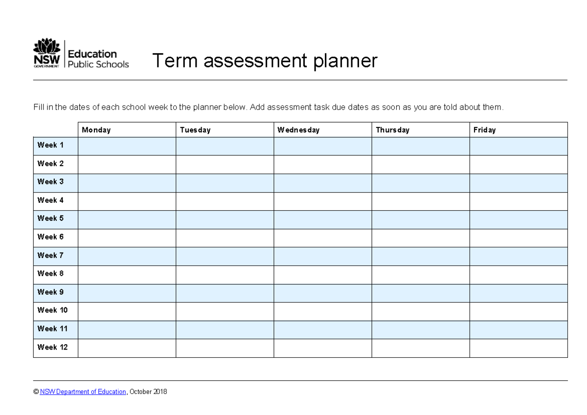 Term-assessment-planner - Term assessment planner Fill in the dates of ...