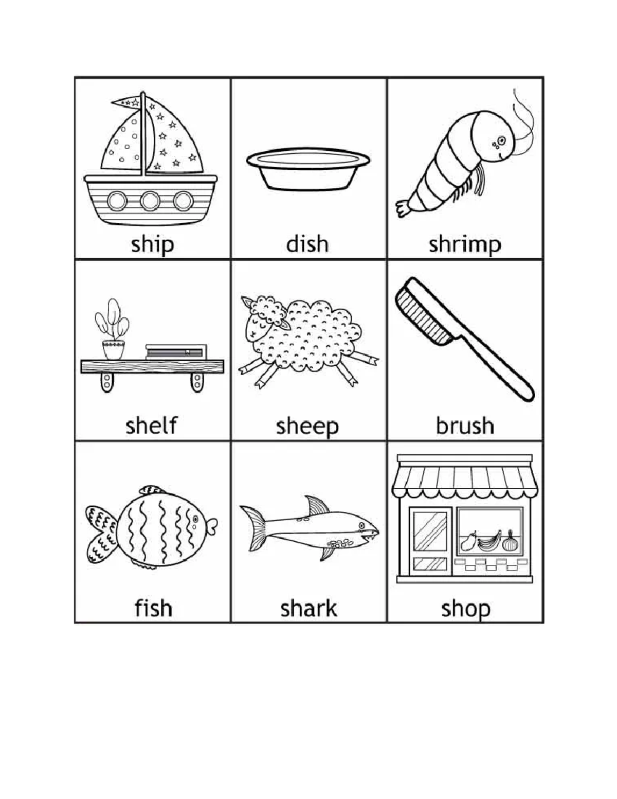Digraph of CH and SH - English - * ship dish shrimp 00 00 shelf sheep ...