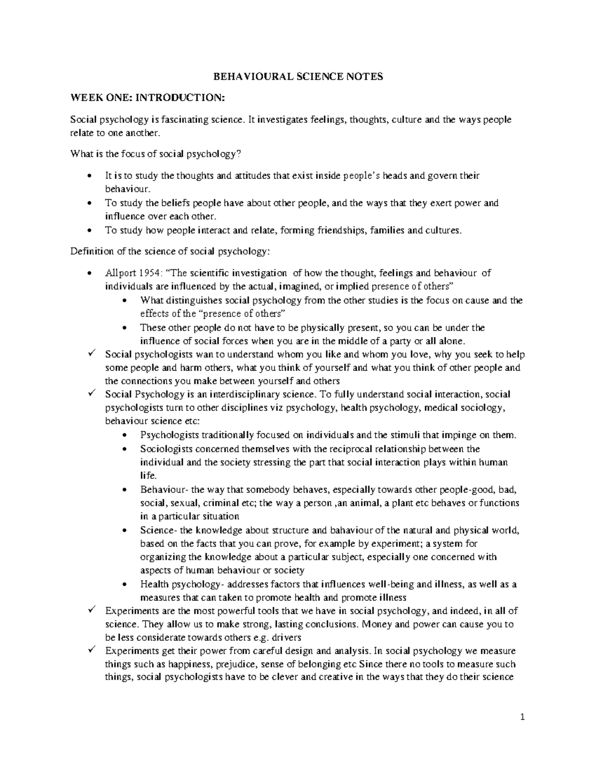 Behavioural Science Notes - BEHAVIOURAL SCIENCE NOTES WEEK ONE ...