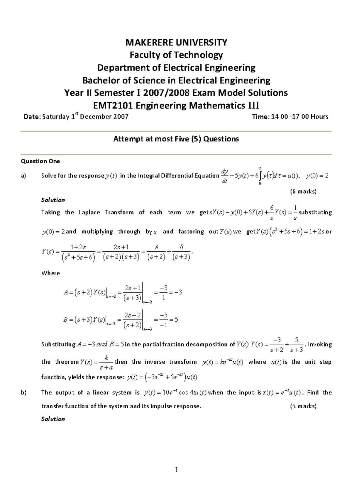 EMT2101 Eng Math III Model Solutions - ####### MAKERERE UNIVERSITY ...