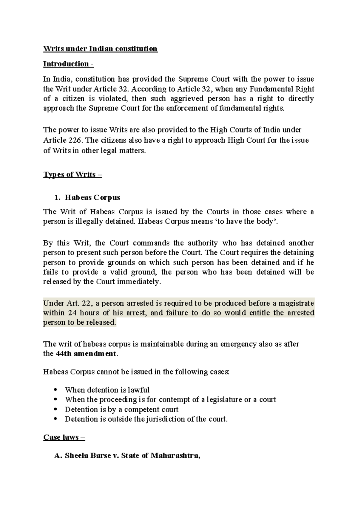 Constitution Unit 3 done - Writs under Indian constitution Introduction ...