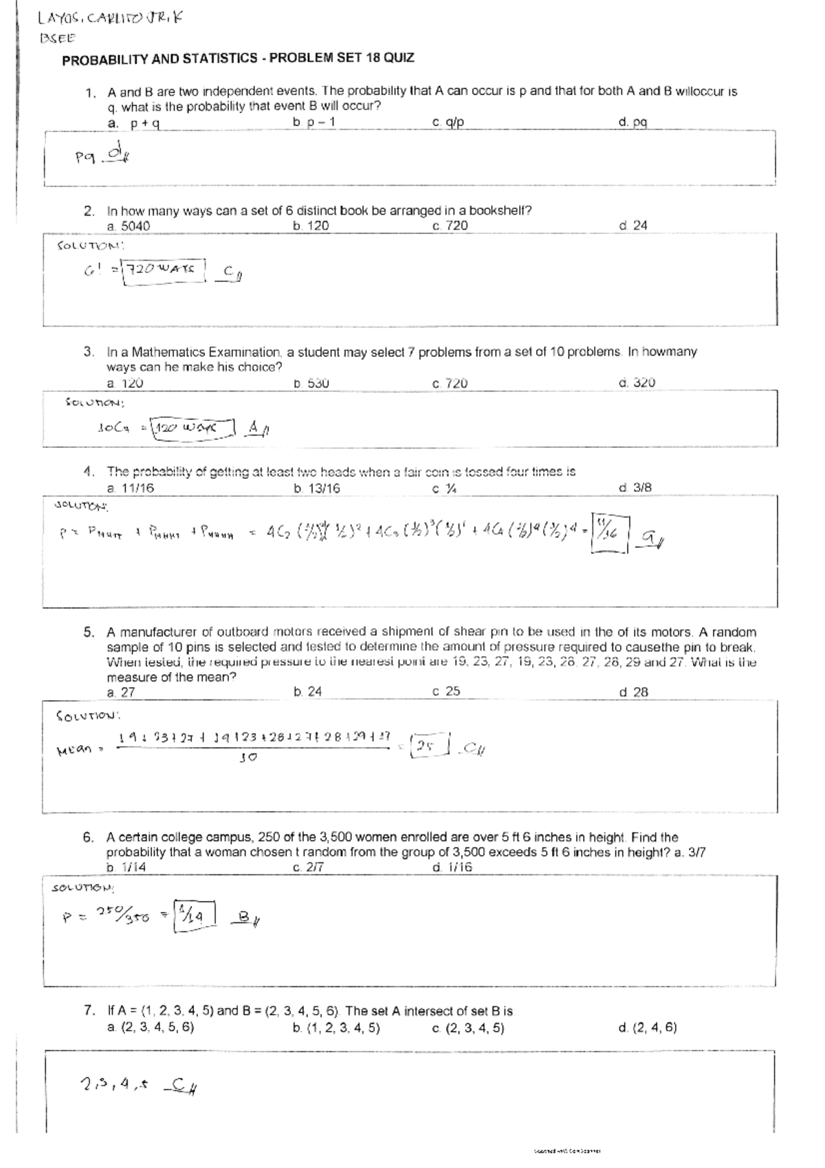 Probability and Statistics Problem Set 18 Quiz - BS Electrical ...