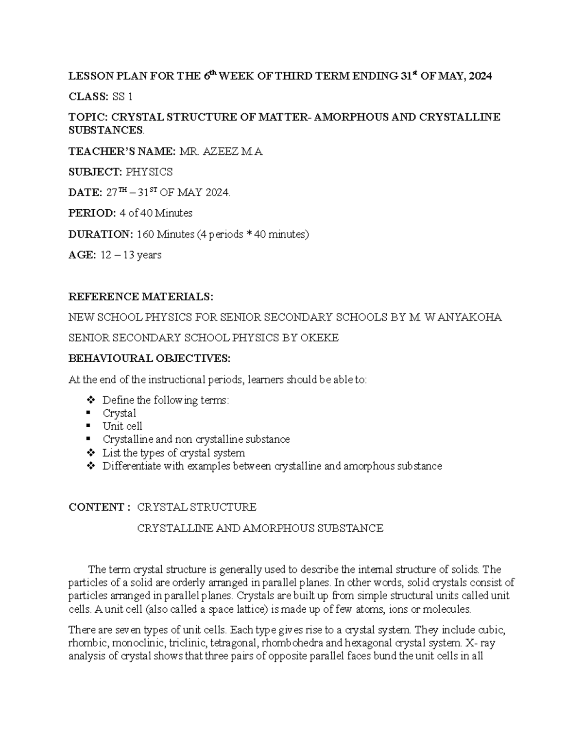 SSS1 WEEK 6 - Basic introduction - LESSON PLAN FOR THE 6th WEEK OF ...