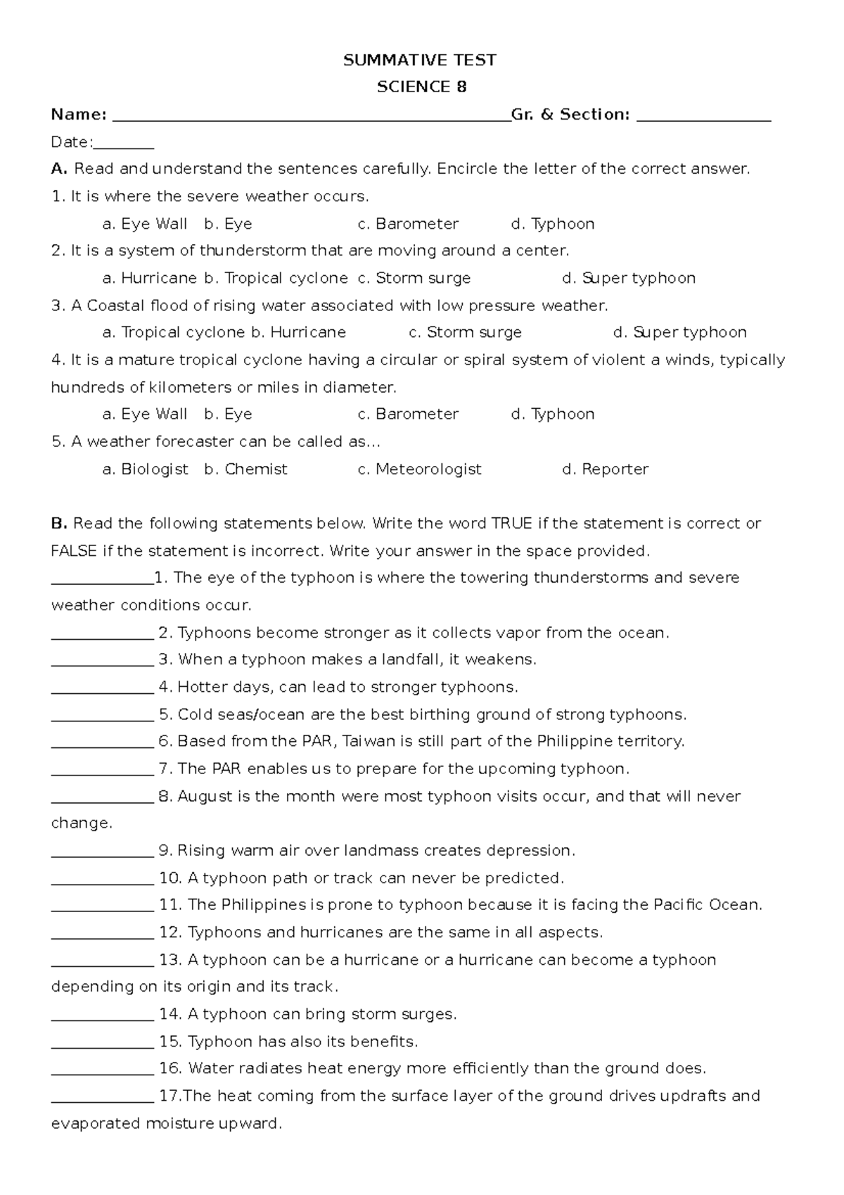Summative test - typhoon - SUMMATIVE TEST SCIENCE 8 Name: Gr. & Section ...