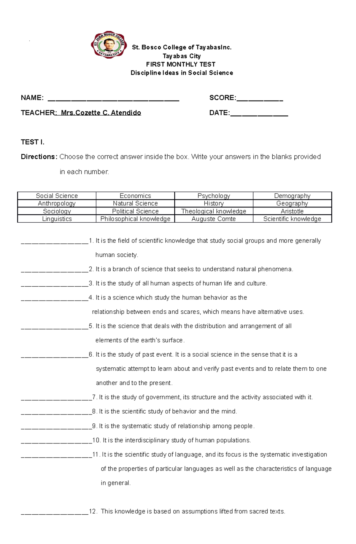 1st monthly test in DISS - . St. Bosco College of TayabasInc. Tayabas ...