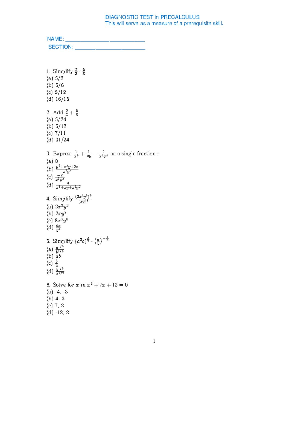 Math Test - Diagnostic - U0@Mac: PRECALCULUS MATHEMATICS DIAGNOSTIC ...