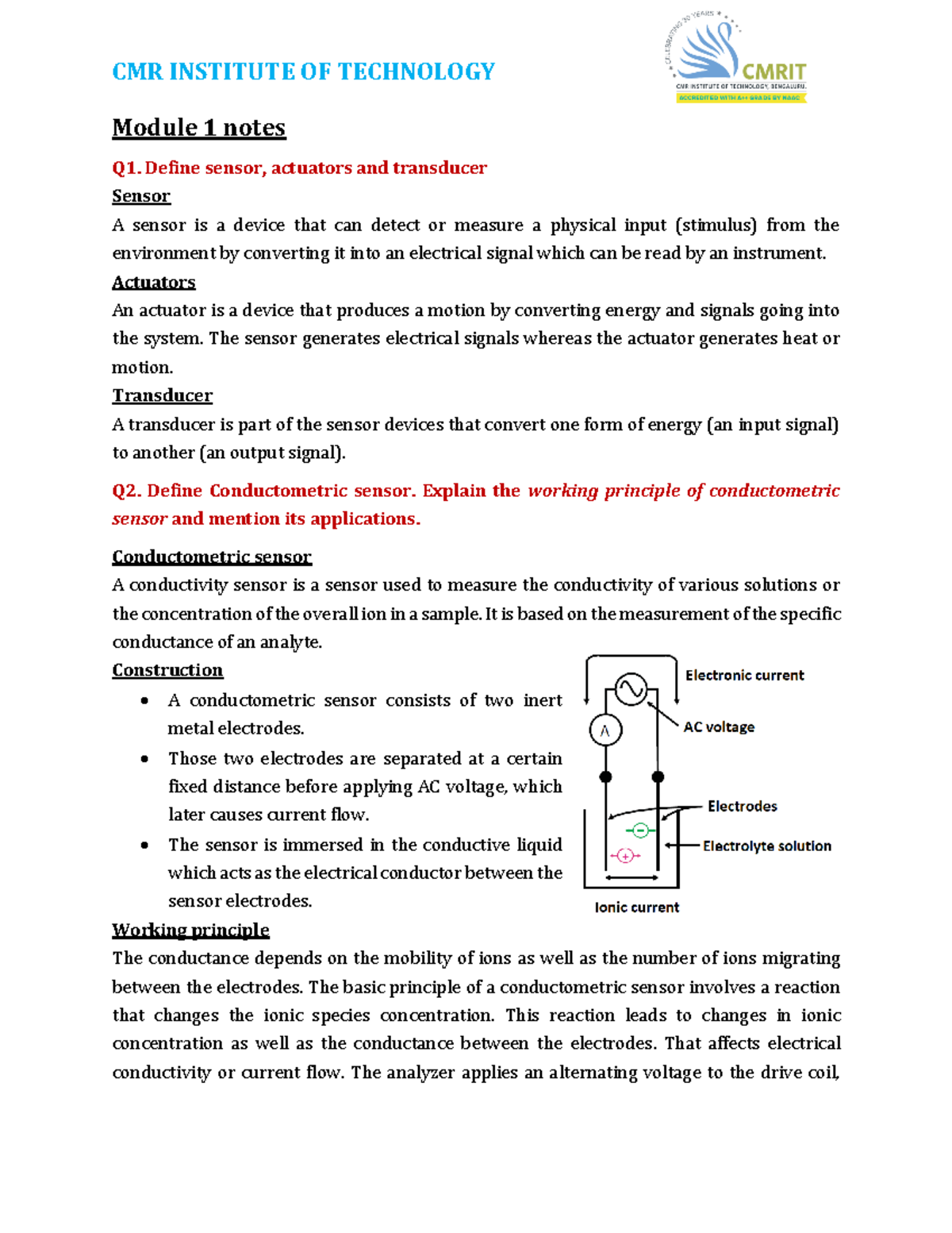 Module 1 Notes Final - Module 1 notes Q1. Define sensor, actuators and ...