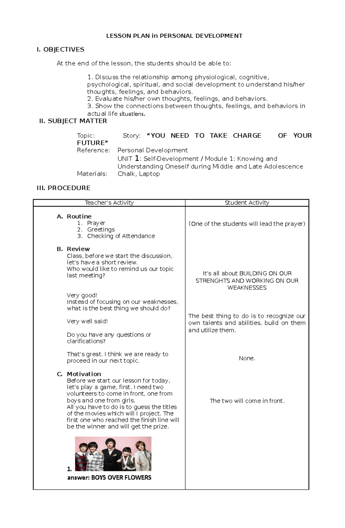 Perdev Lesson Plan this week - LESSON PLAN in PERSONAL DEVELOPMENT I ...