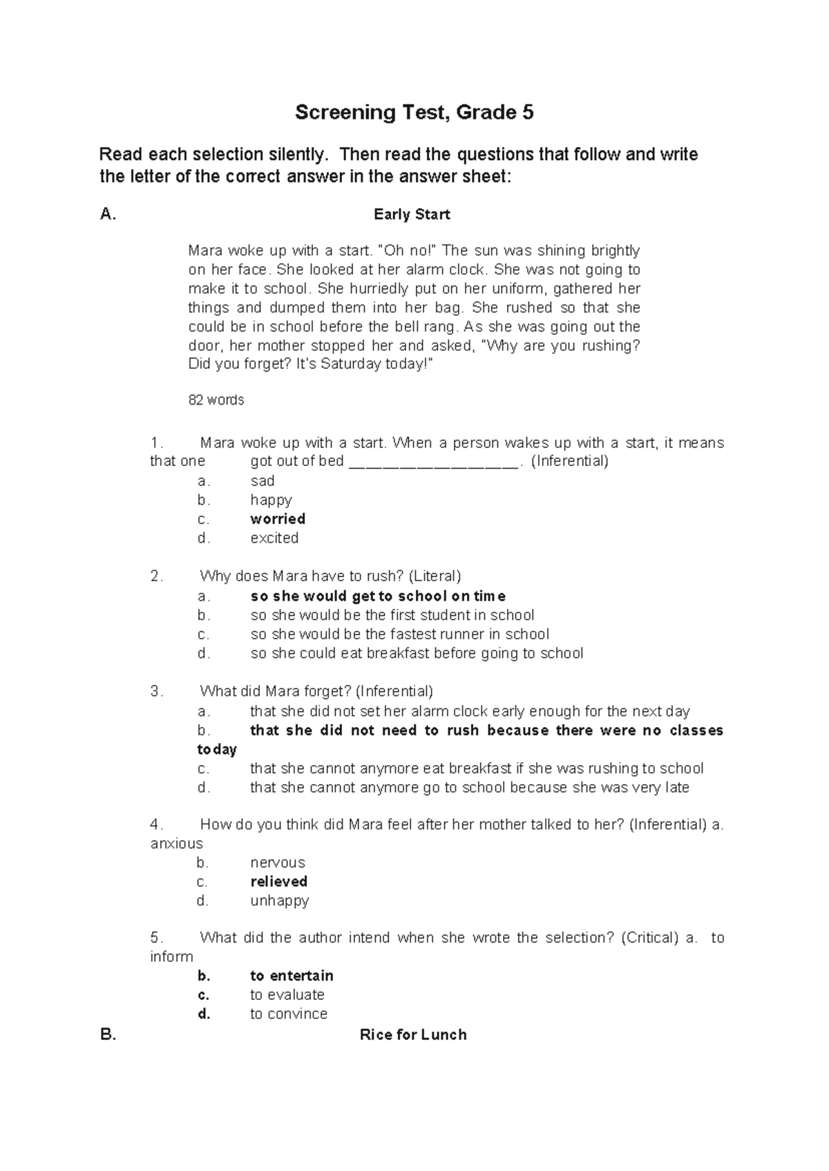 Screening-Test-grade-5 - Screening Test, Grade 5 Read each selection ...