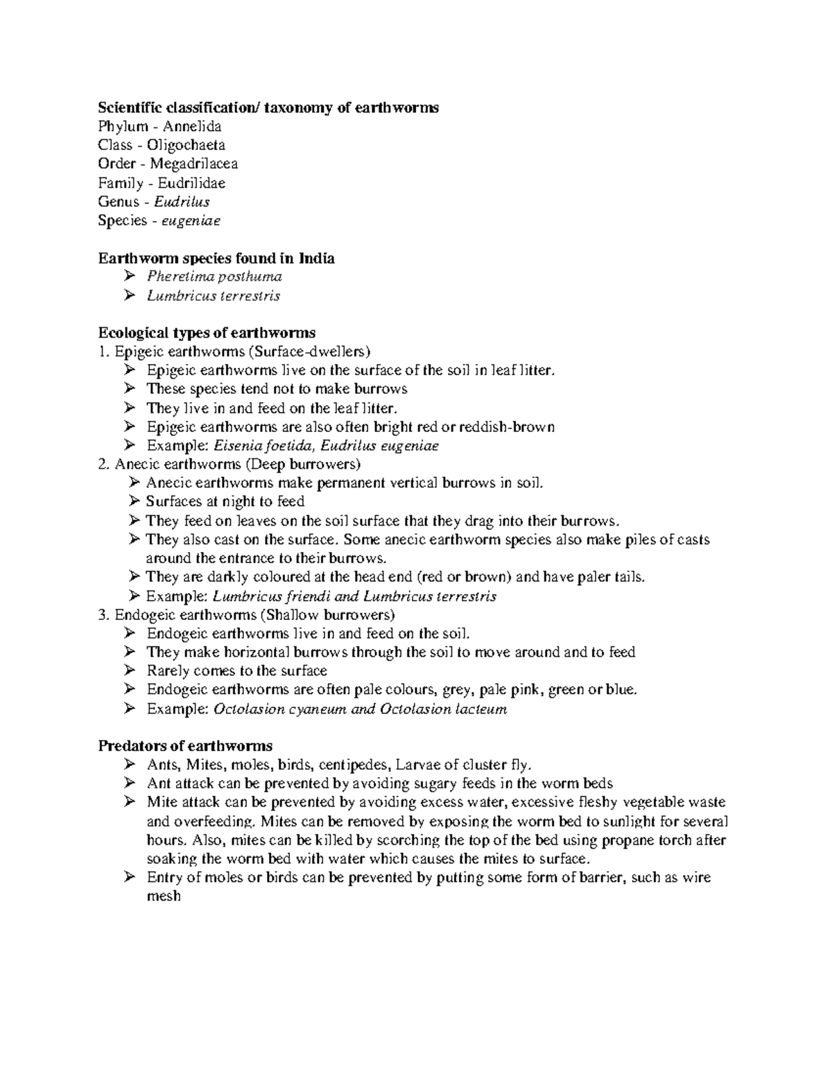 Important points - Scientific classification/ taxonomy of earthworms ...