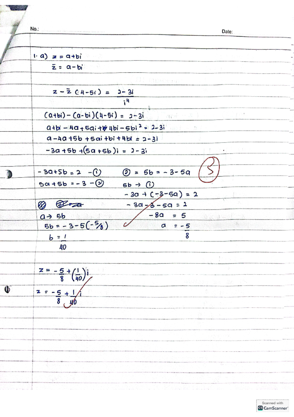 Mid sem test math (correction) - No.: Date: 1) z = a+bi =a-bi 2-ZC4-51 ...