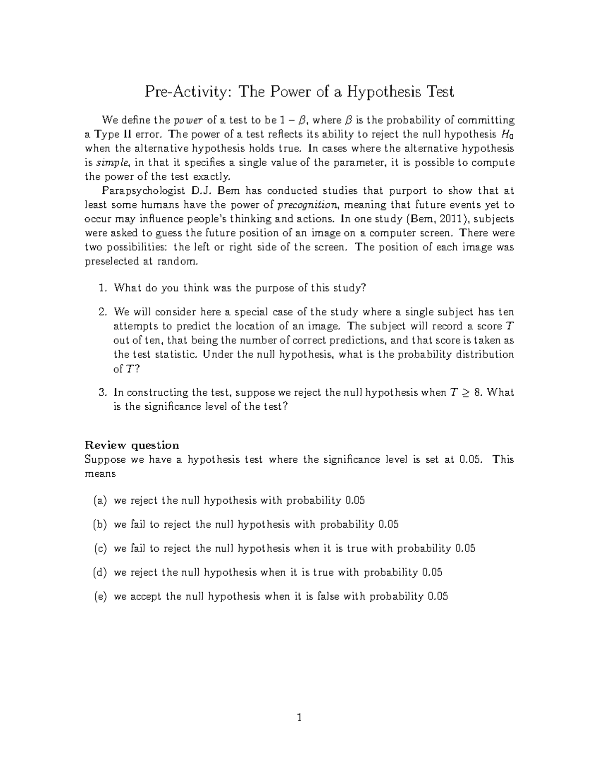 05-Power-Pre Activity - Pre-Activity: The Power of a Hypothesis Test We ...