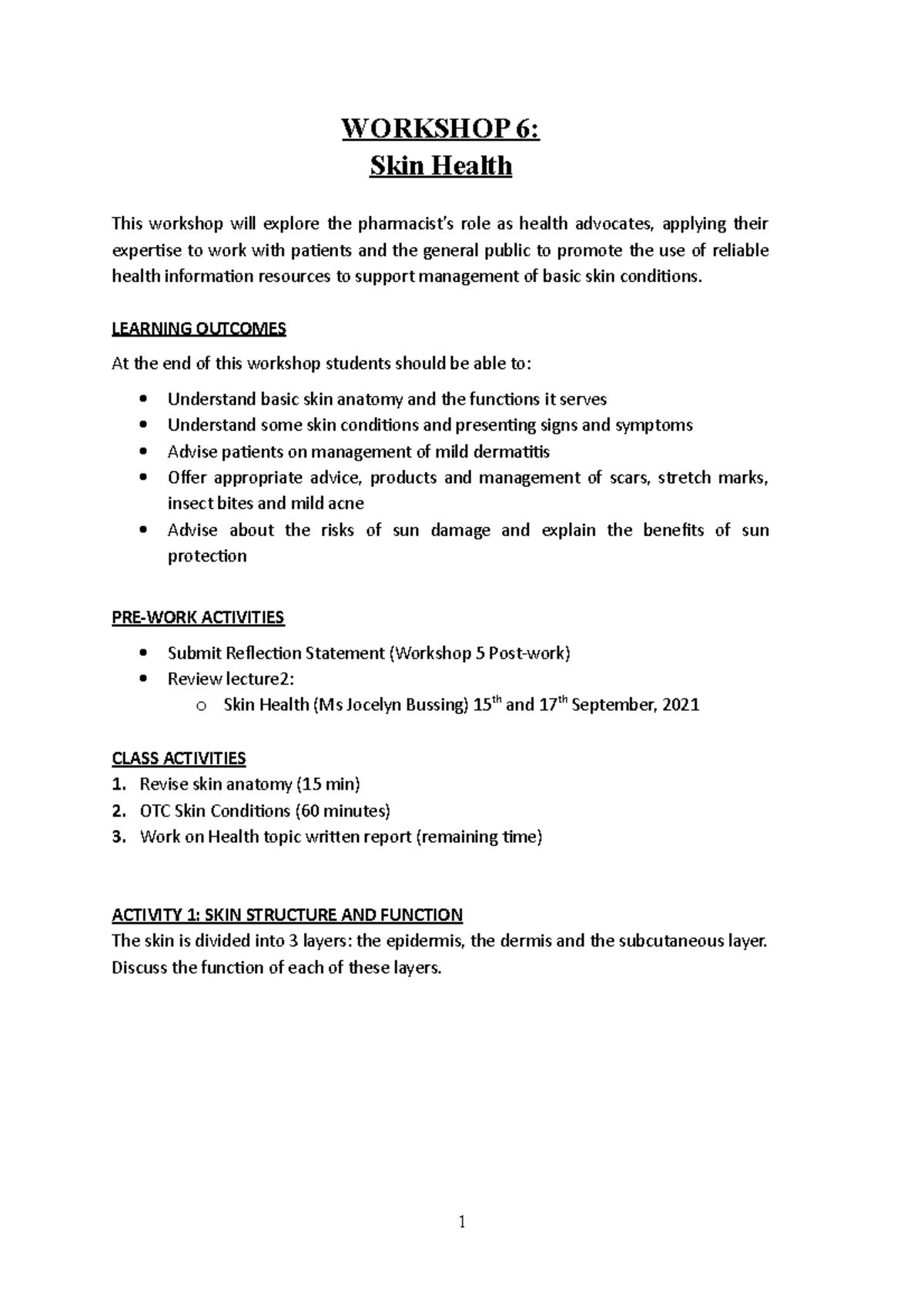 Student Handout Workshop 6 Skin Health - WORKSHOP 6: Skin Health This ...