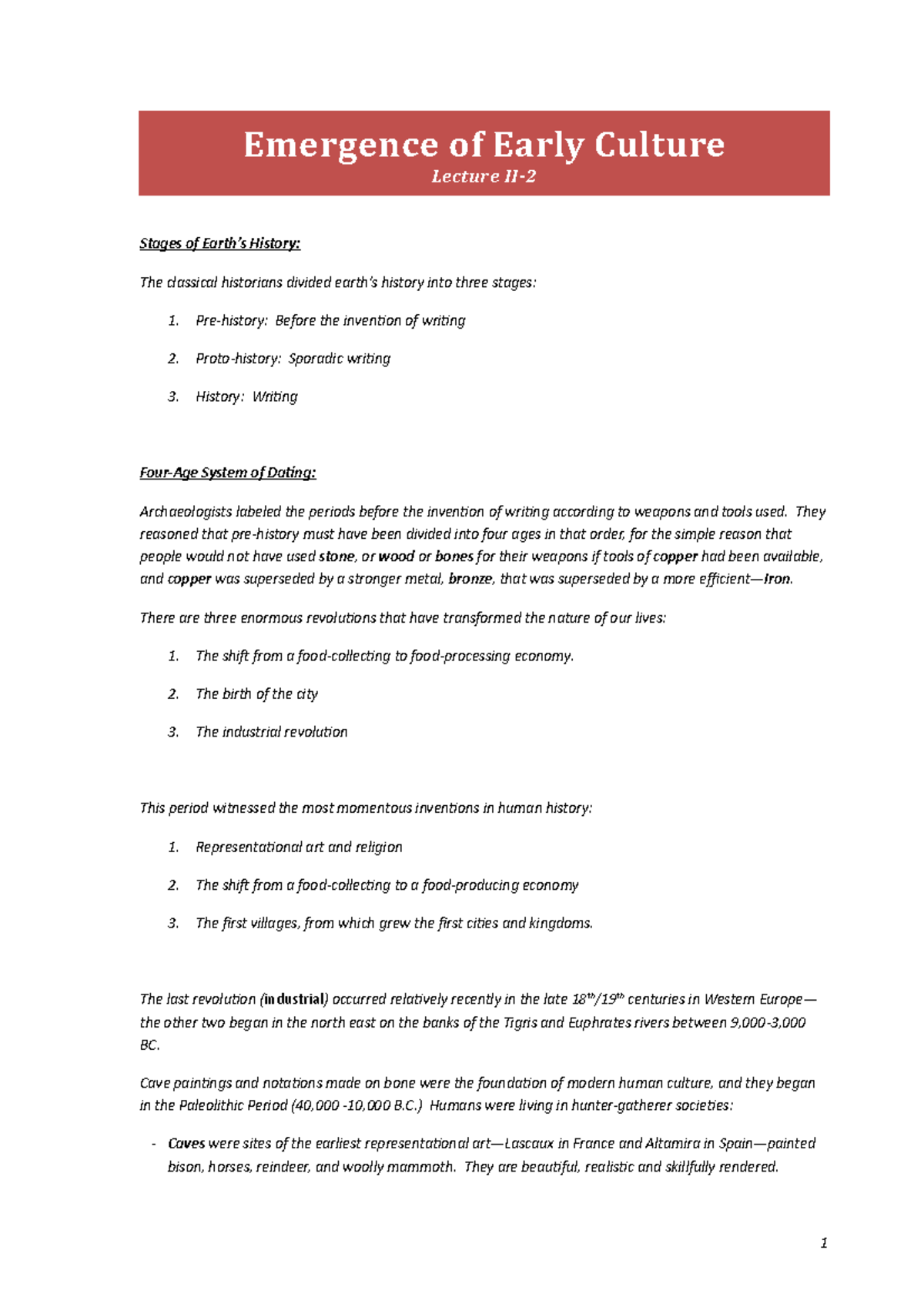 Lect-I-2 - hdasufh aisjfhfh hwh egeg - Emergence of Early Culture ...