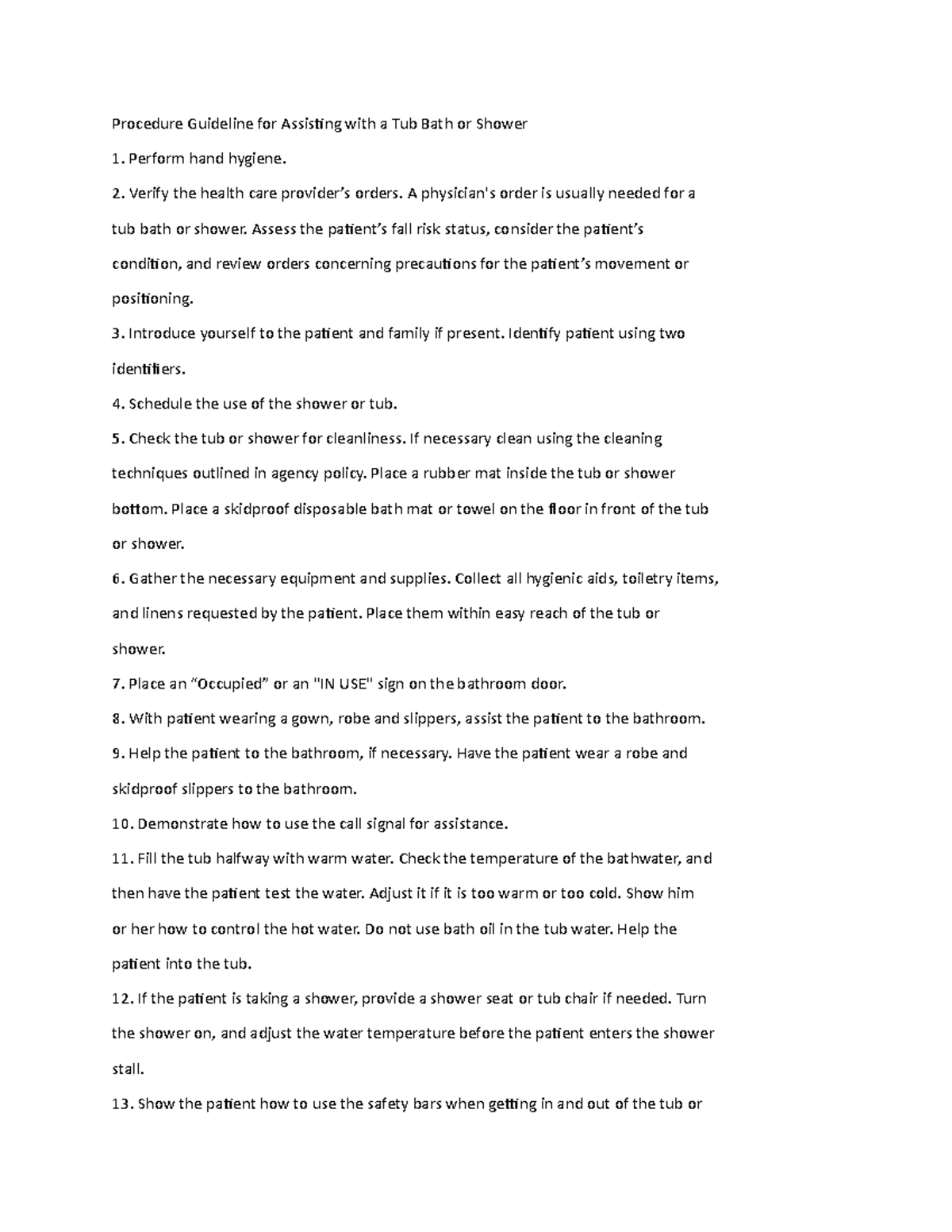 Procedure Guideline for Assisting with a Tub Bath or Shower - Verify ...