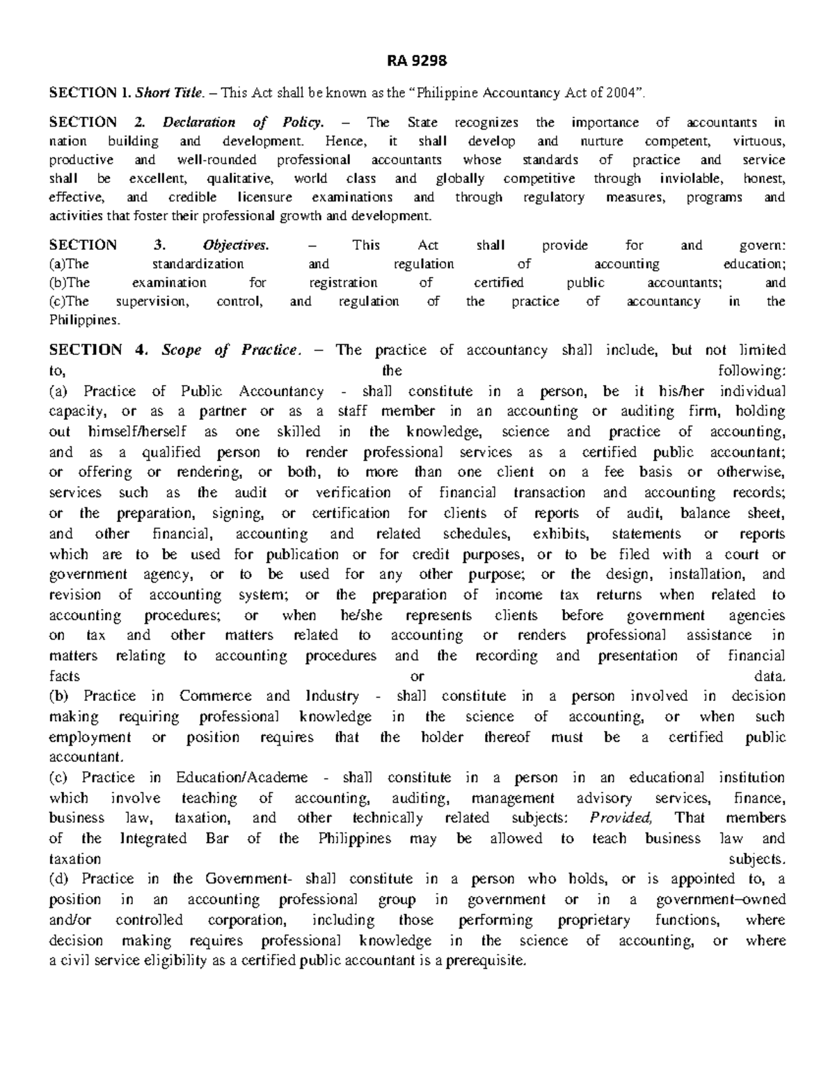 RA 9298 Pointers - Auditing Theory Cabrera - RA 9298 SECTION 1. Short ...