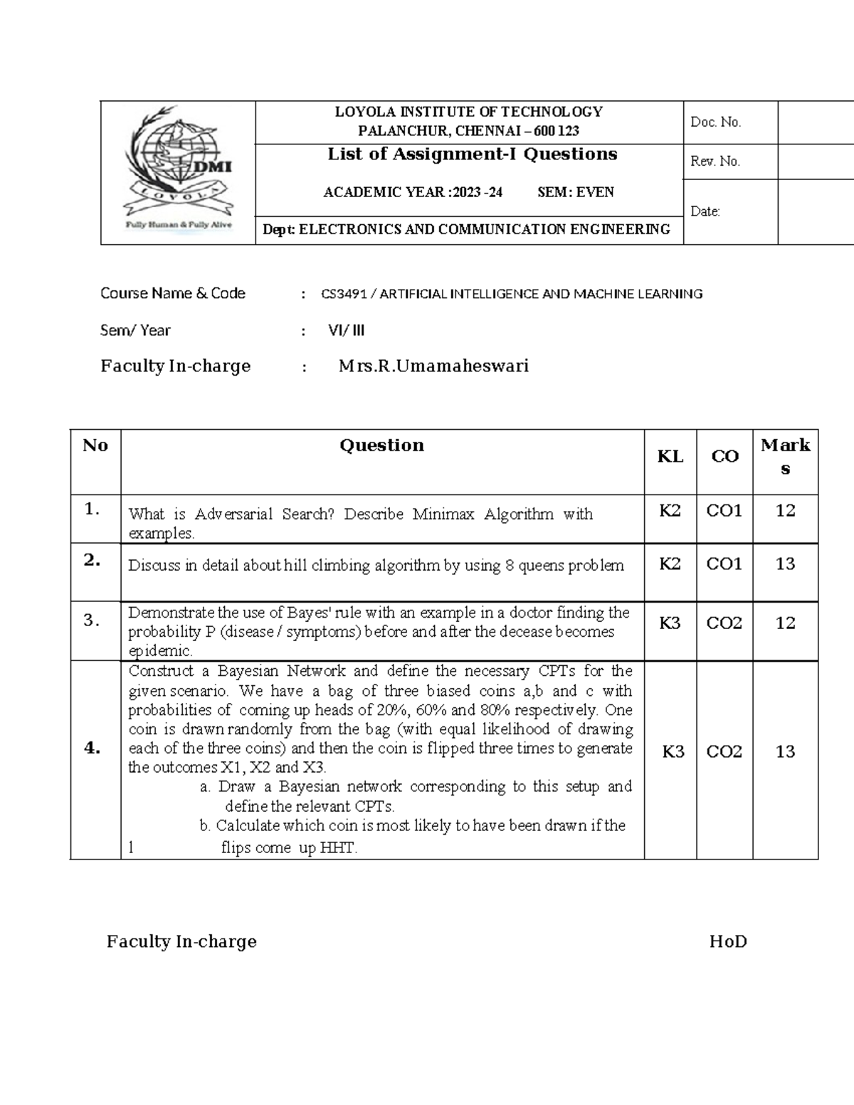 CS3491- AIML Assignment 1 - LOYOLA INSTITUTE OF TECHNOLOGY PALANCHUR, CHENNAI – 600 123 Doc. No ...