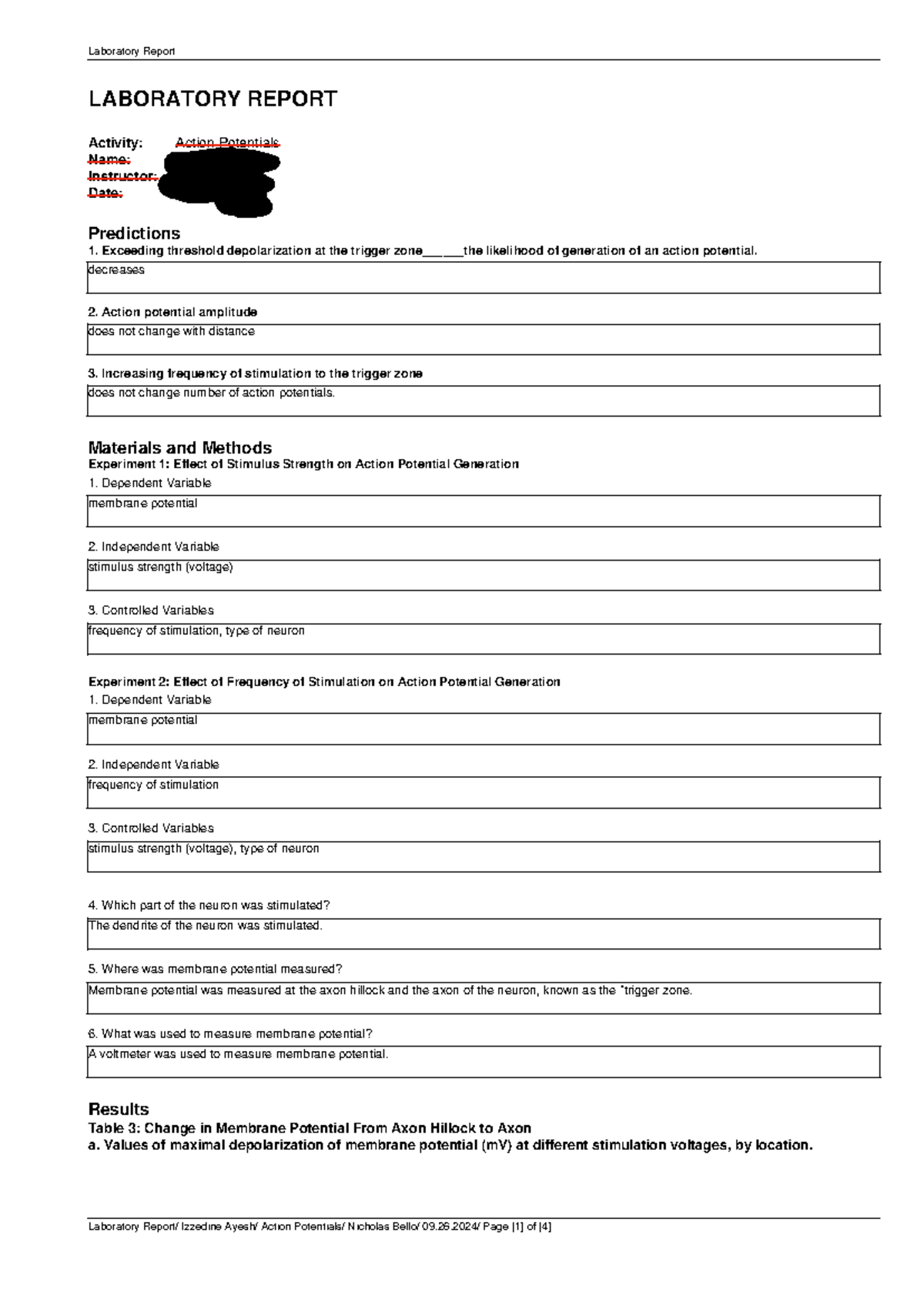 Action potentials lab - Lab report - LABORATORY REPORT Activity: Action ...