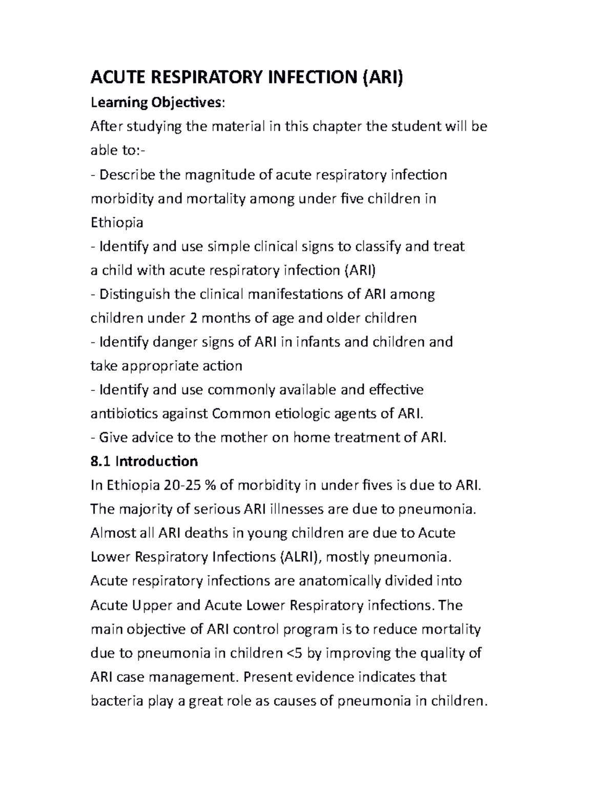 Acute Respiratory Infection (ARI) notes - ACUTE RESPIRATORY INFECTION ...