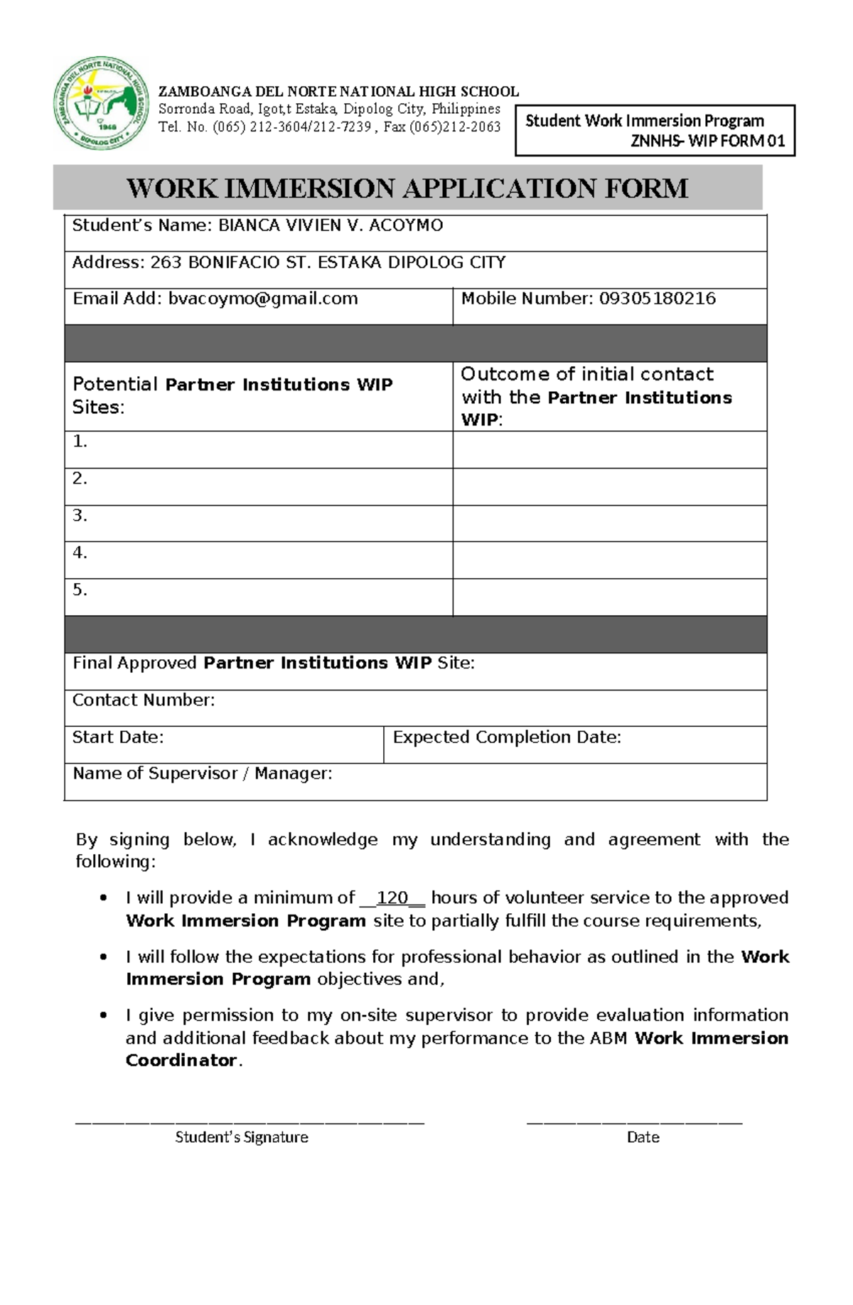 Znnhs WIP Forms 2022 2023 - ZAMBOANGA DEL NORTE NATIONAL HIGH SCHOOL ...