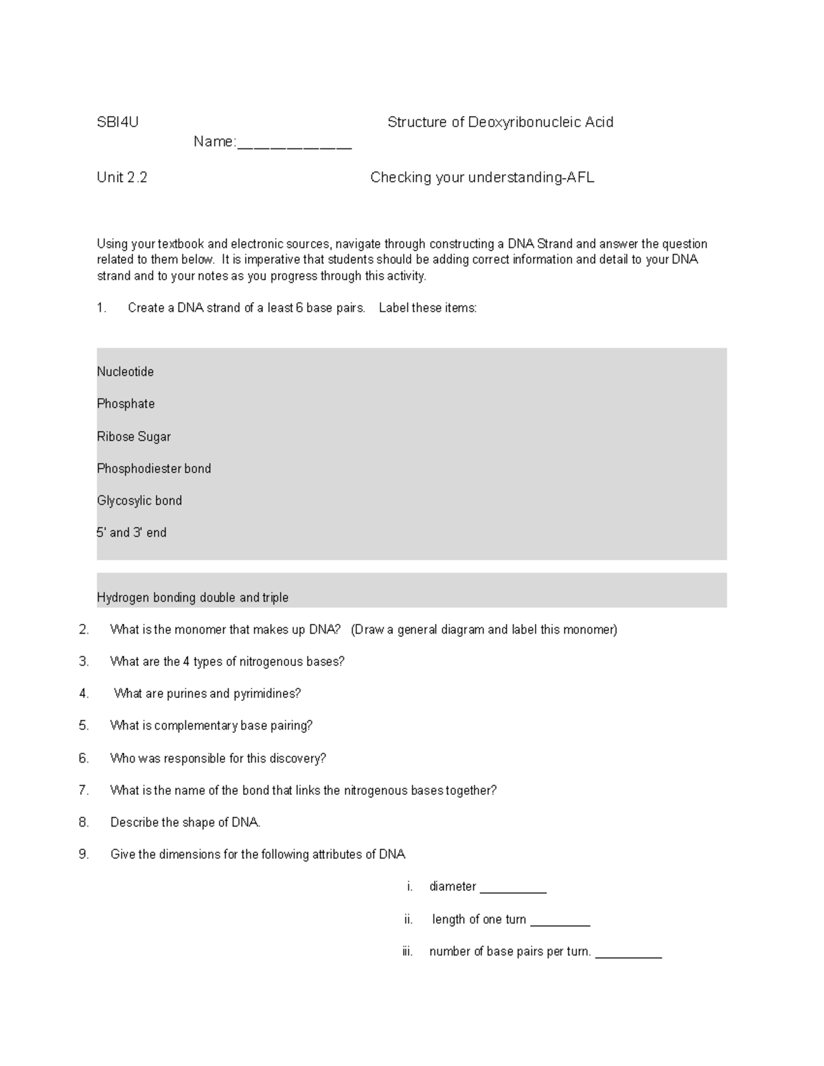7 - extra practice - SBI4U Structure of Deoxyribonucleic Acid Name ...