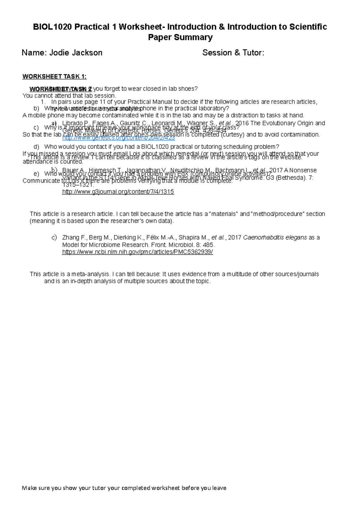 BIOL1020 practical worksheet 02 - BIOL1020 Practical 1 Worksheet ...