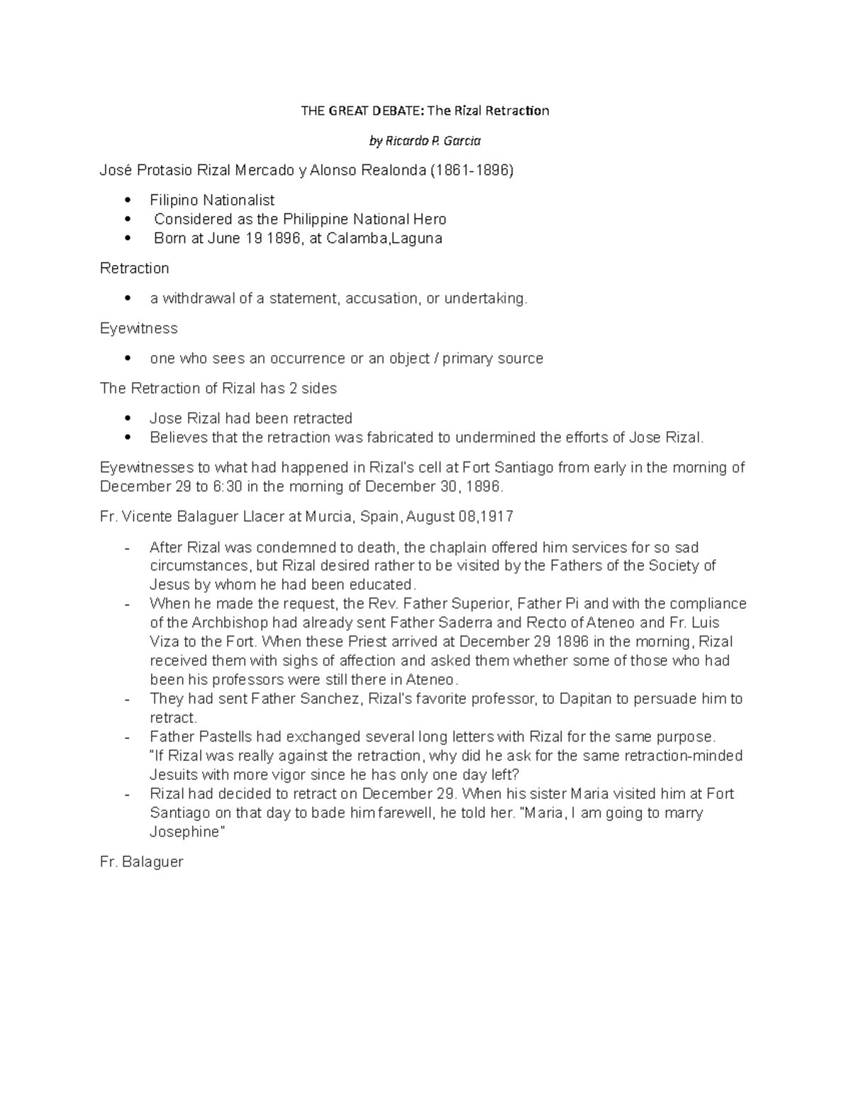 Rizal Retraction Handouts - THE GREAT DEBATE: The Rizal Retraction by ...