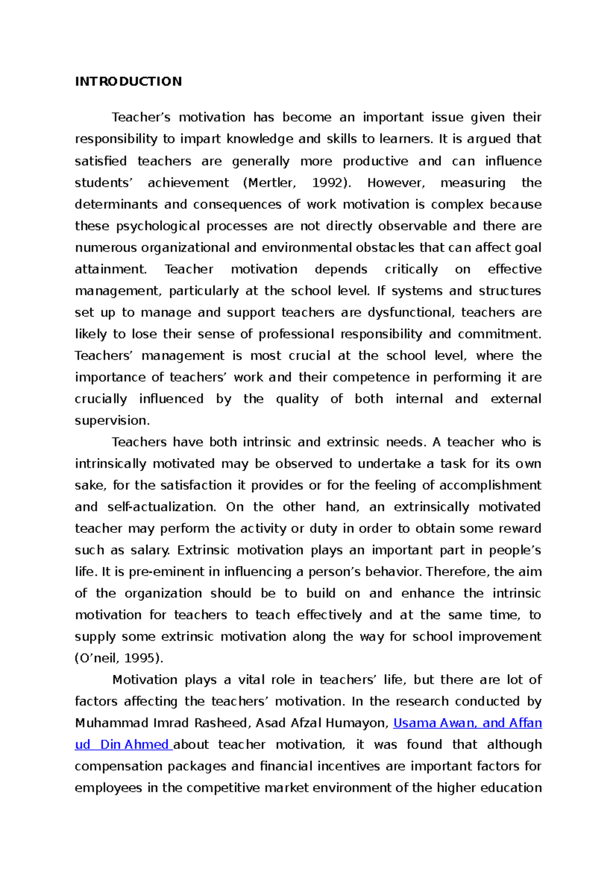 CASE Study 1 - ... - INTRODUCTION Teacher’s motivation has become an ...