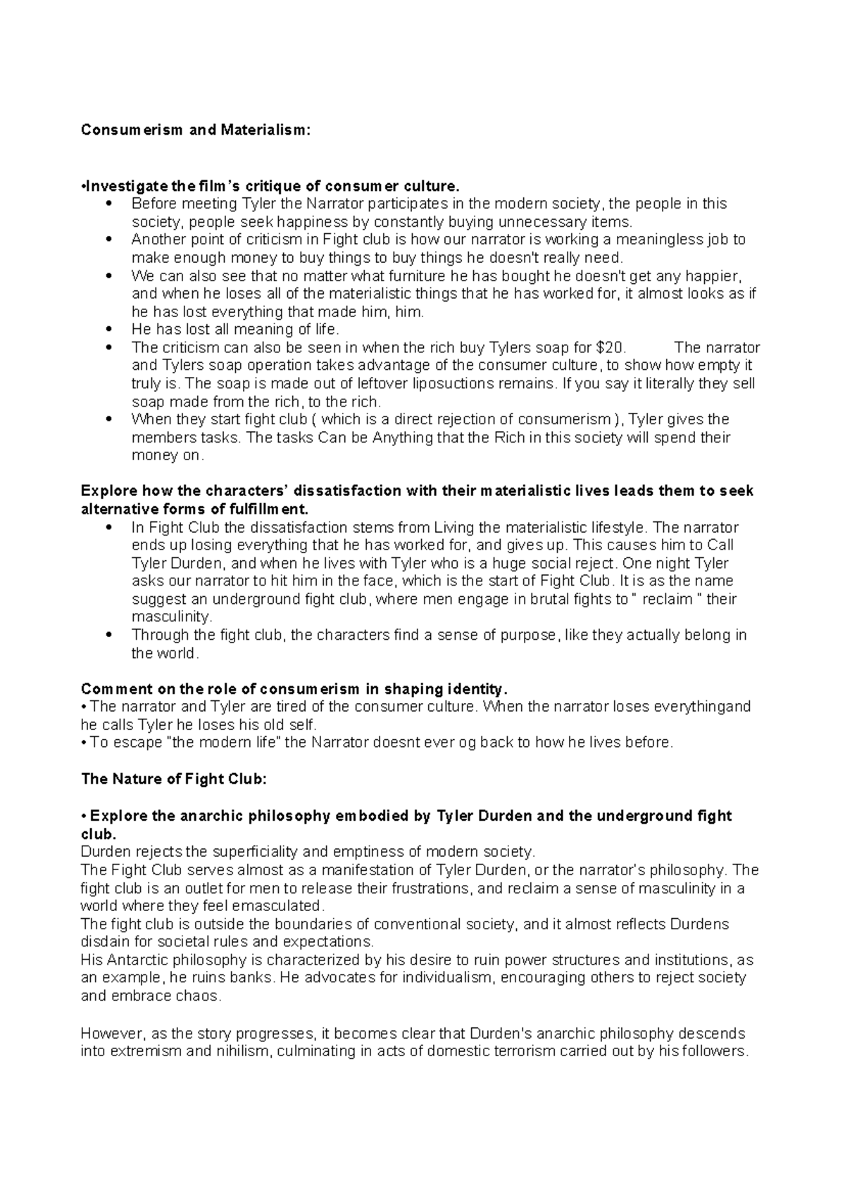 Fight Club-kopi - Consumerism and Materialism: • Investigate the film’s ...