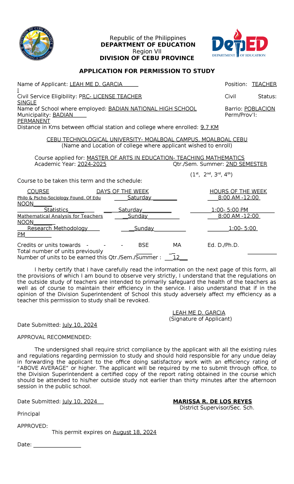 Application Letter For Permit to Study - Republic of the Philippines ...