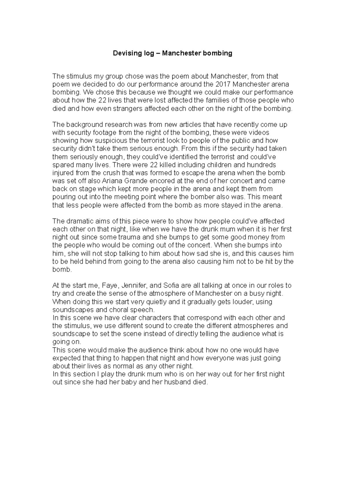 Devising log - ERAHAETH - Devising log – Manchester bombing The ...