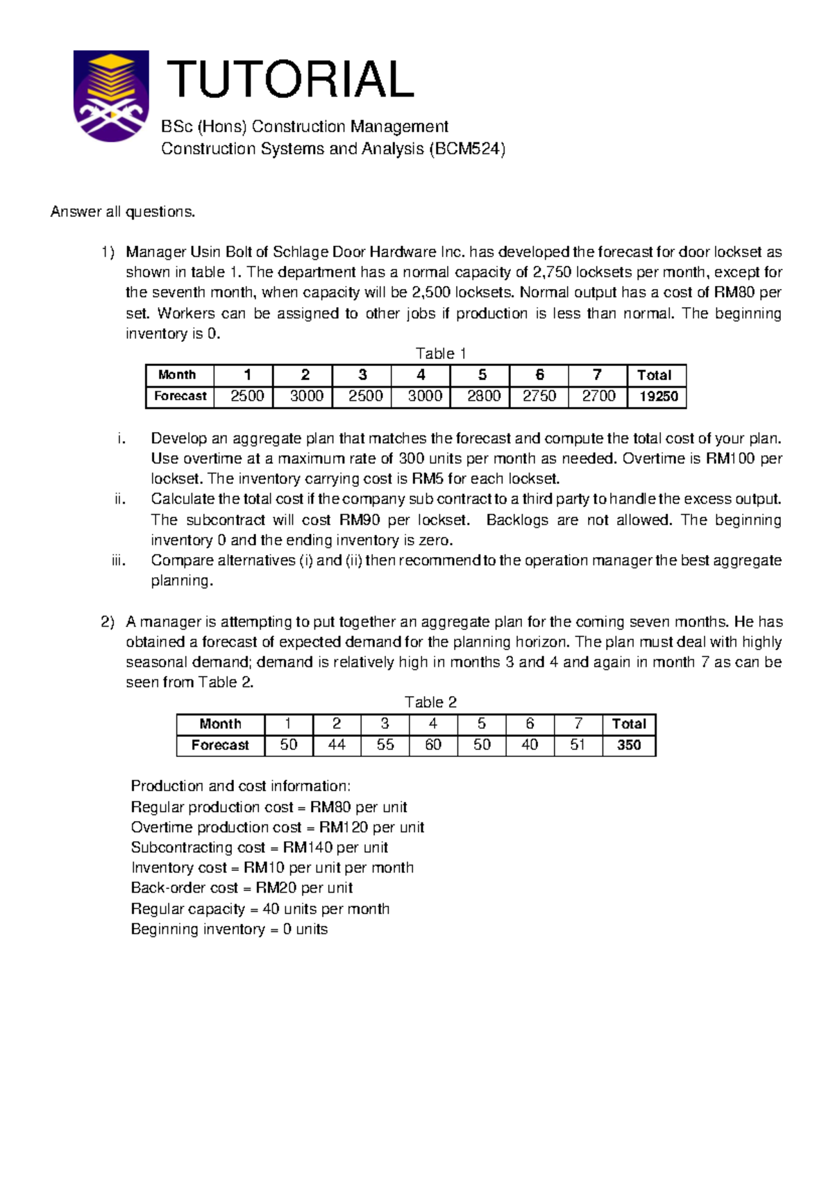 Tutorial Aggregate Planning - TUTORIAL BSc (Hons) Construction ...
