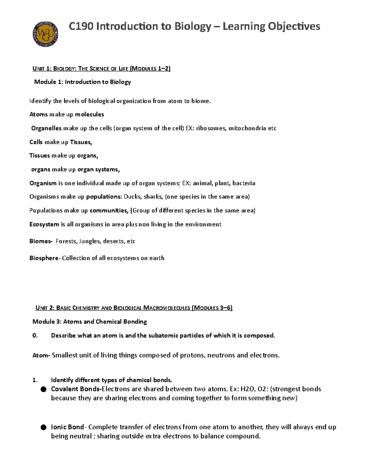 C190 learning objectives keywords-2 - UNIT 1: BIOLOGY: THE SCIENCE OF ...