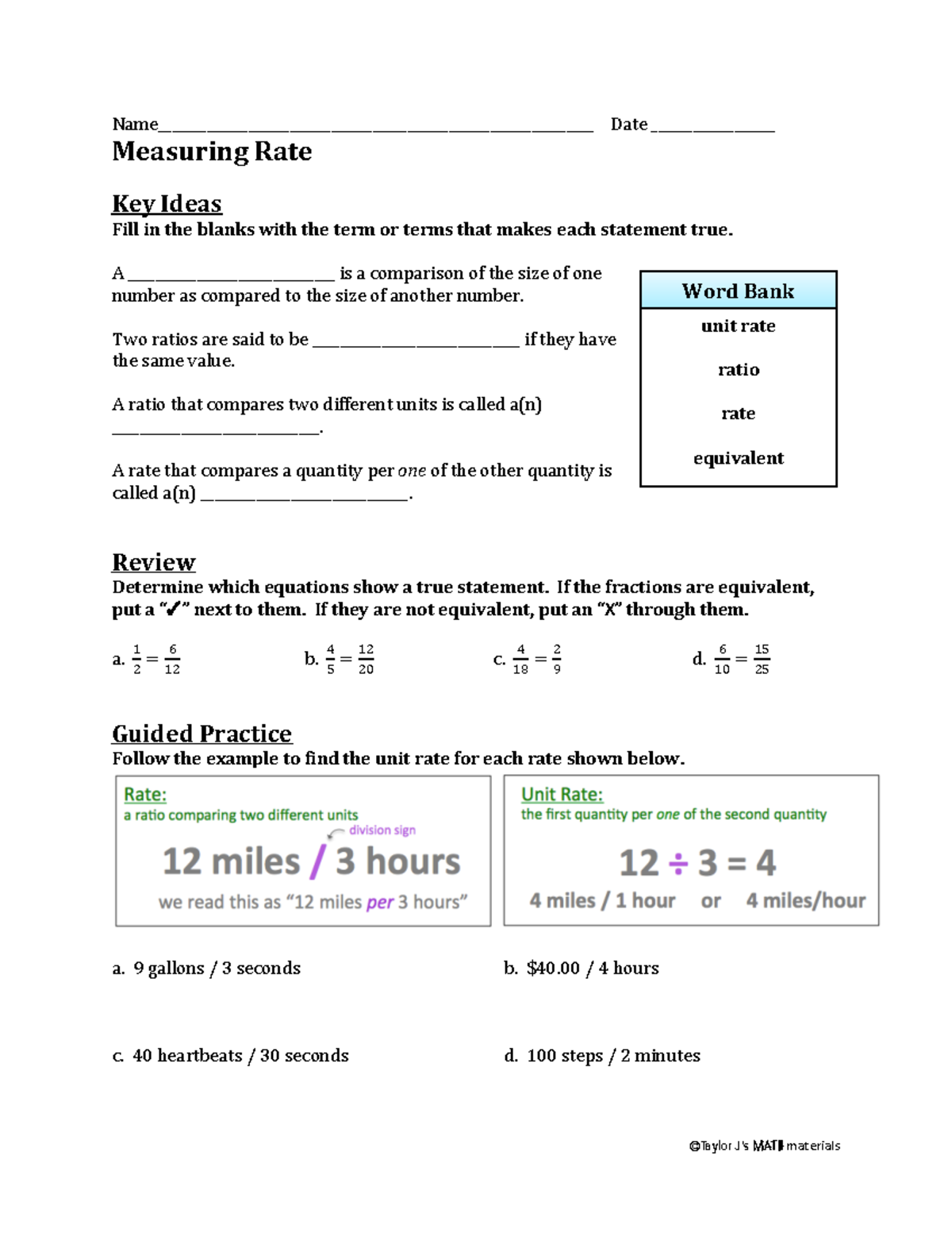Rates and Ratios Worksheets - ©Taylor J’s MATH materials - Studocu