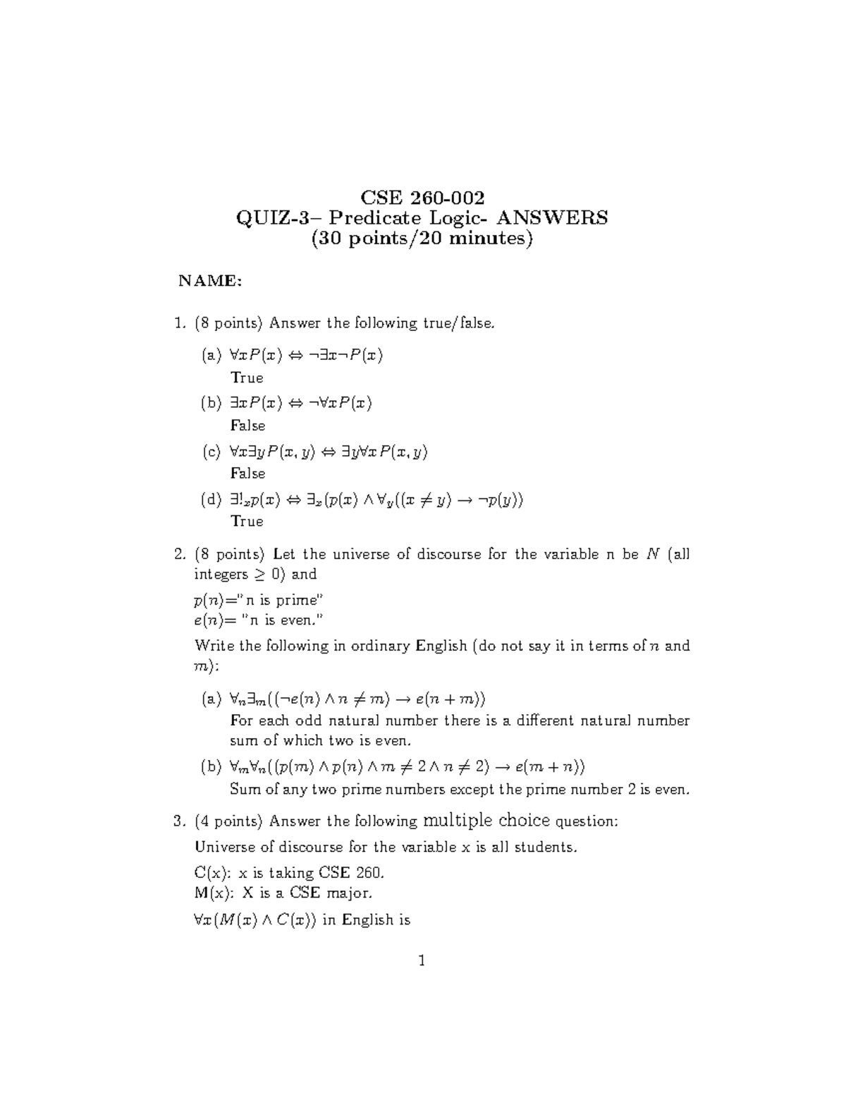 Predicate - Math - CSE 260- QUIZ-3– Predicate Logic- ANSWERS (30 points ...