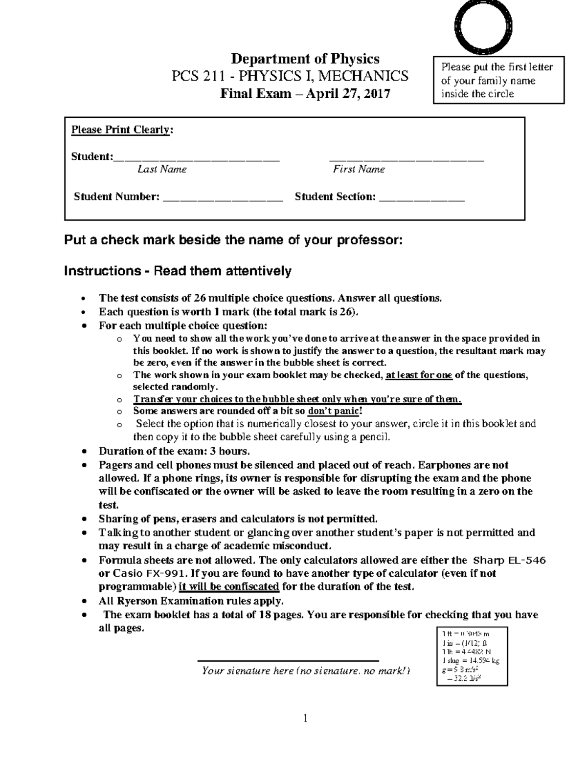 PCS211-Final(W2017 ) - naur - Department of Physics PCS 211 - PHYSICS I ...