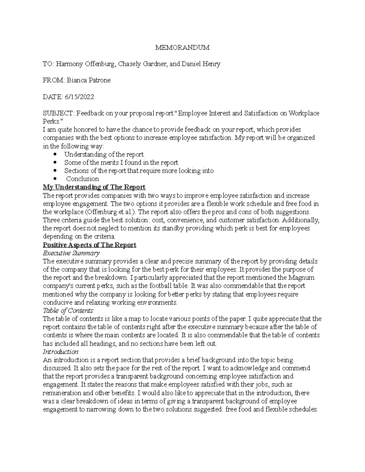 Weekly Memo 5 - MEMORANDUM TO: Harmony Offenburg, Chasely Gardner, and ...