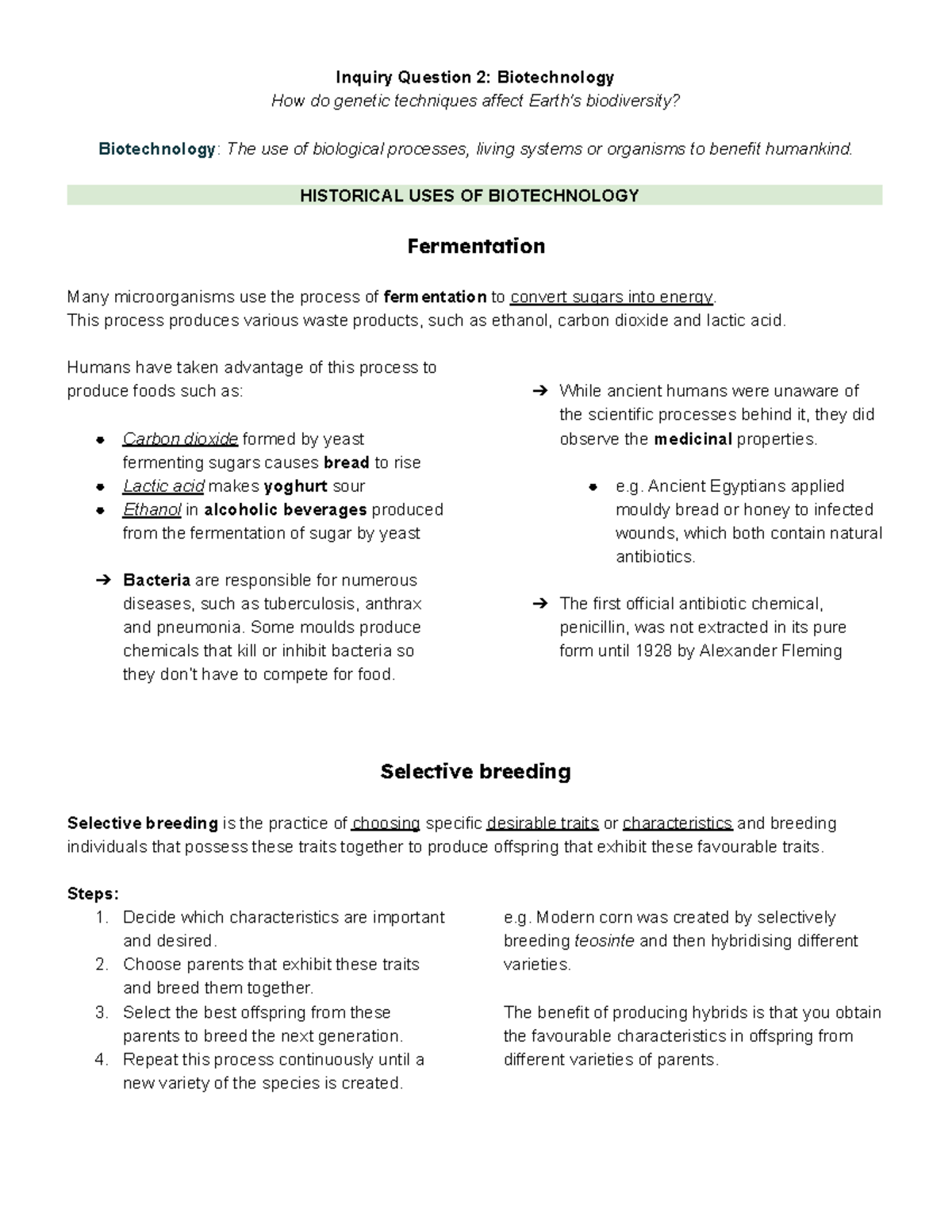 BIO HSC MOD 6 IQ 2 + 3 NOTES - Inquiry Question 2: Biotechnology How do ...