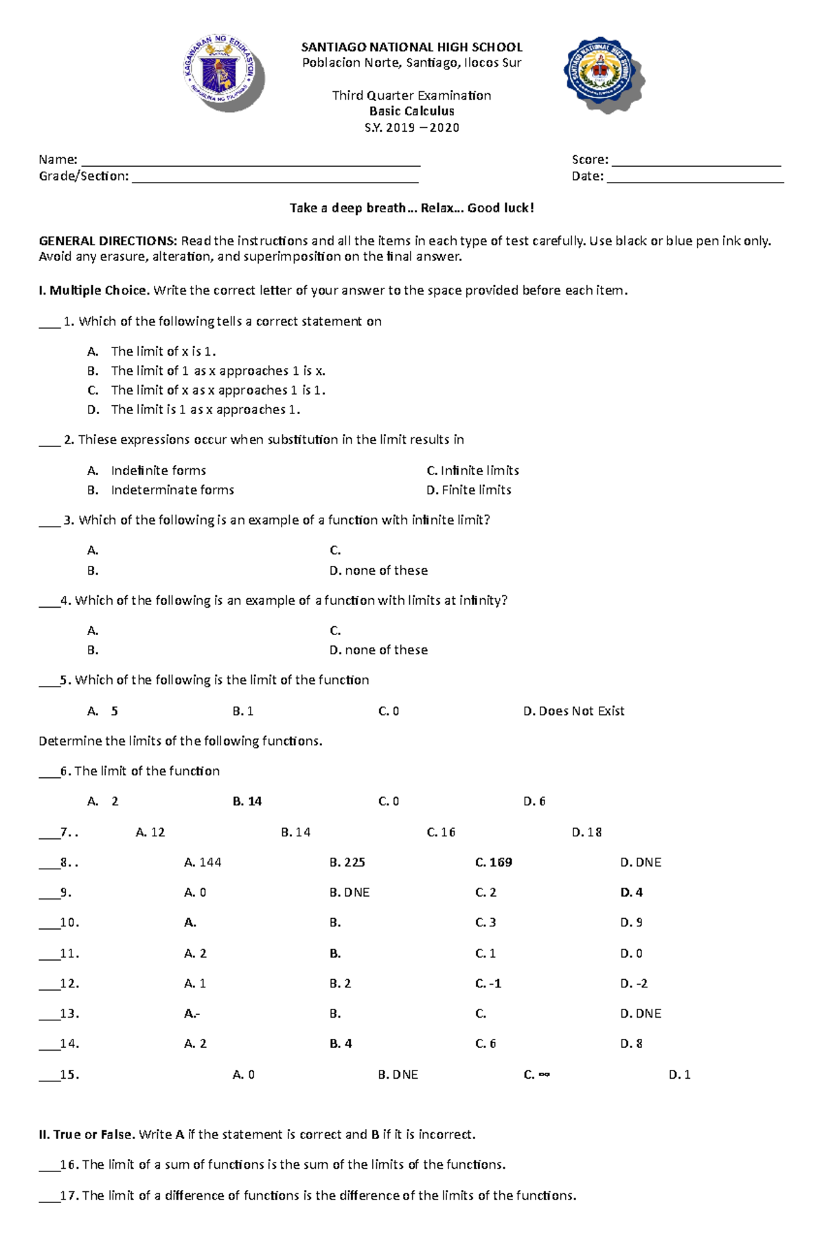 Third Quarter Examination B - SANTIAGO NATIONAL HIGH SCHOOL Poblacion ...